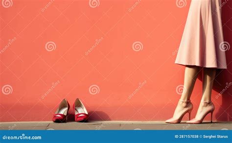 Woman In Pink Dress And Red Shoes Standing Next To Wall Generative Ai Image Stock Illustration