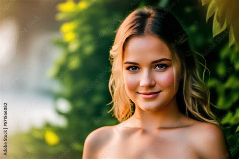 Young Sensual Romantic Blond Girl Naked On Tree Plant Background Blurred Mockup Copy Space