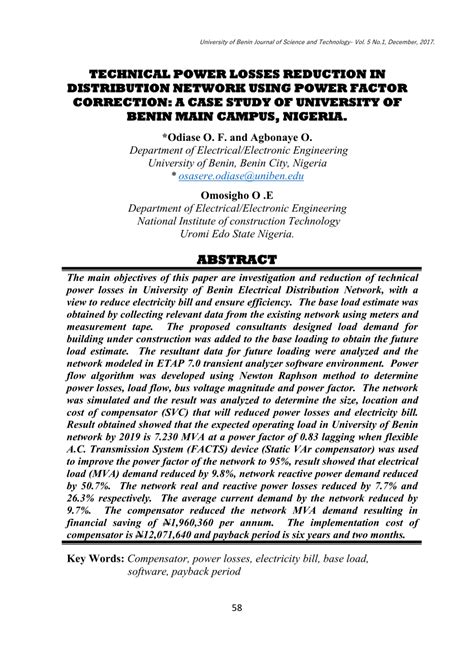 pdf technical power losses reduction in distribution network using power factor correction a