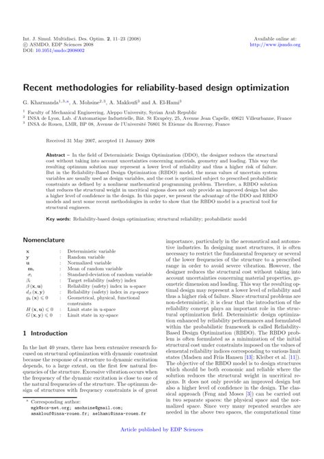 pdf recent methodologies for reliability based design optimization