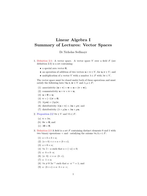 summary of lectures 02 vector spaces pdf basis linear algebra vector space