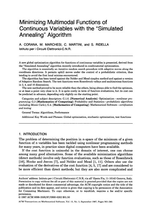 pdf minimizing multimodal functions of continuous variables with simulated annealing algorithm