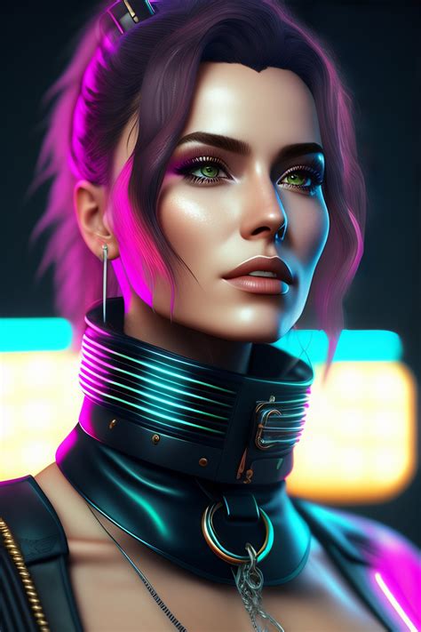 Lexica Detailed Realistic Female Character Cyberpunk Wearing Thick Technological Collar Around