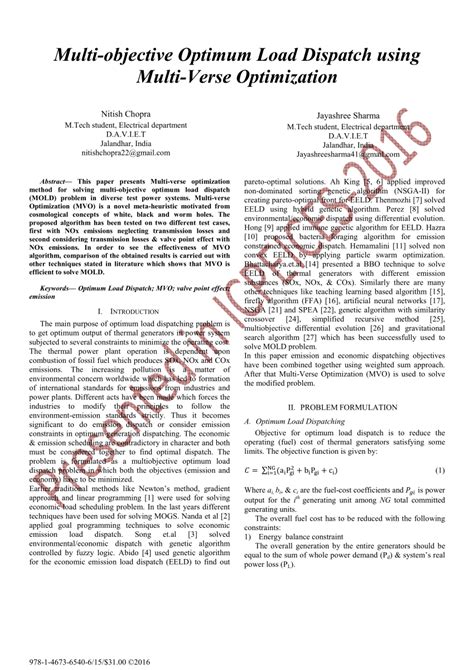 pdf multi objective optimum load dispatch using multi verse optimization