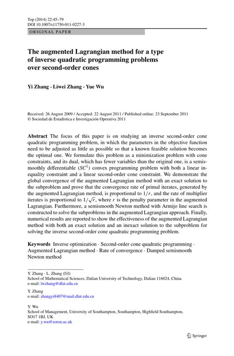 pdf the augmented lagrangian method for a type of inverse quadratic programming problems over