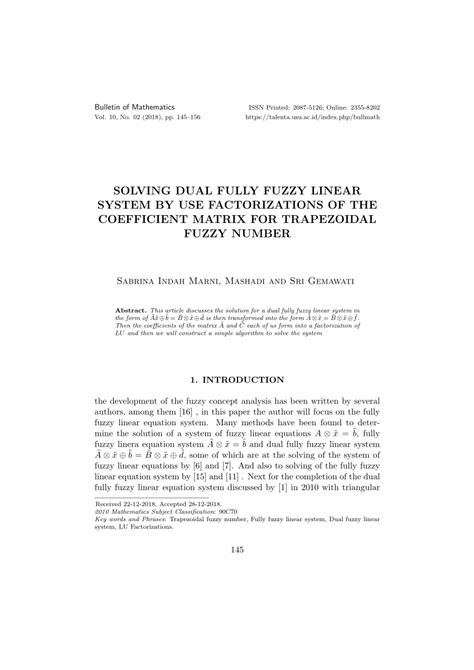 pdf bulletin of mathematics solving dual fully fuzzy linear system by use factorizations of
