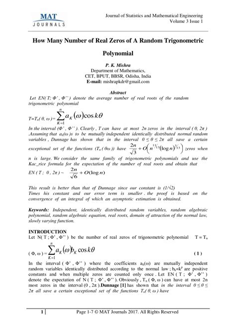 pdf how many number of real zeros of a random trigonometric polynomial