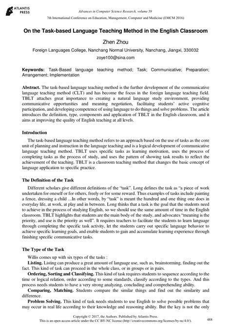 pdf on the task based language teaching method in the english classroom