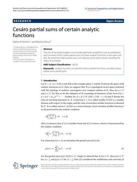 pdf cesáro partial sums of certain analytic functions