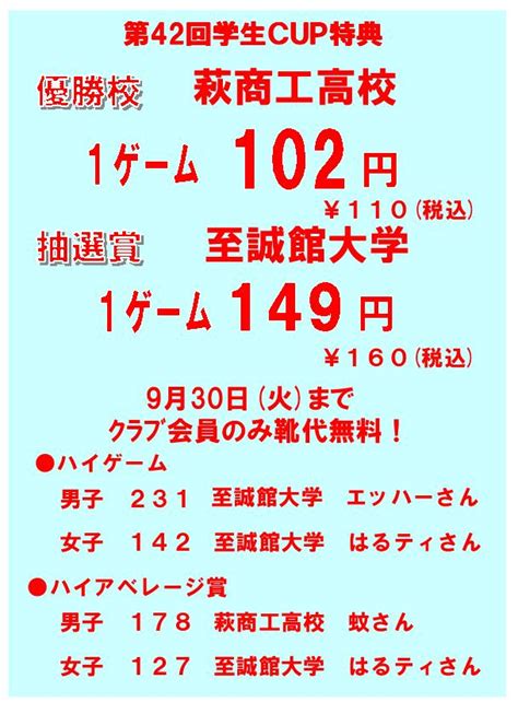 第42回 学生CUP結果発表 ユーズボウル萩店 ユーズボウル 萩店 店舗案内 ユーズボウル ボウリングから