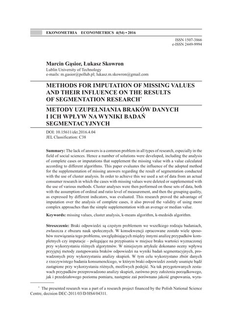 pdf methods for imputation of missing values and their influence on the results of