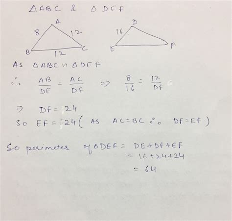 [solved] triangle abc ~ triangle def if ab 8 bc 12 ac 12 and de course hero