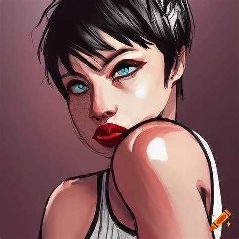 Comic Book Girl With Black Hair Blue Eyes Red Lips In A White Basketball Jersey Laying In Bed