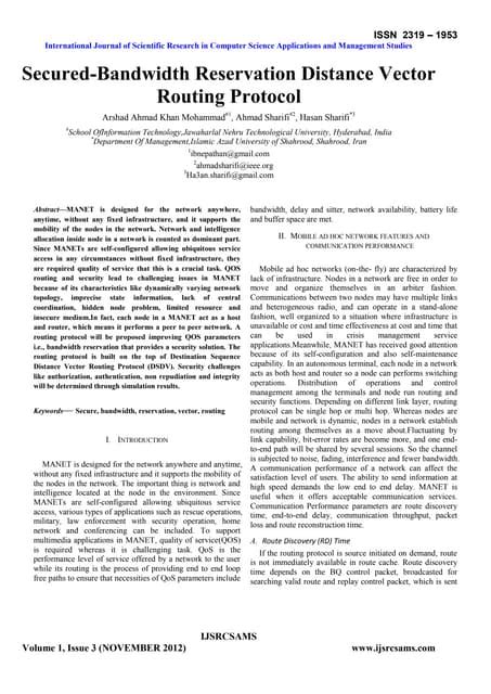 secured bandwidth reservation distance vector routing protocol pdf
