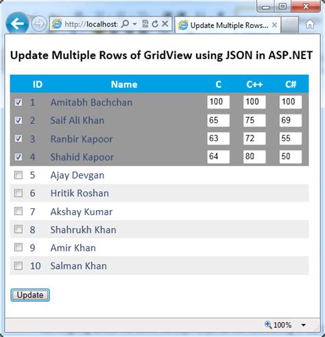 update multiple rows of gridview using json in asp codeproject