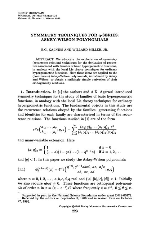 pdf symmetry techniques for q series askey wilson polynomials