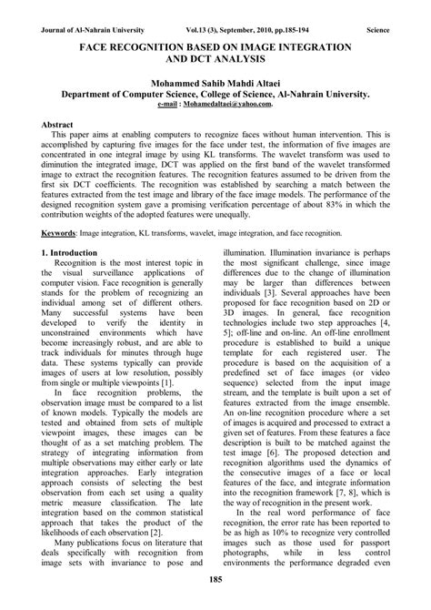 pdf face recognition based on image integration and dct analysis