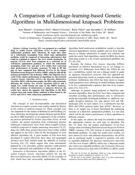 pdf a comparison of linkage learning based genetic algorithms in multidimensional knapsack