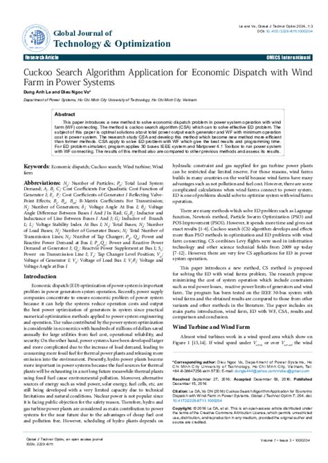 pdf cuckoo search algorithm application for economic dispatch with wind farm in power systems