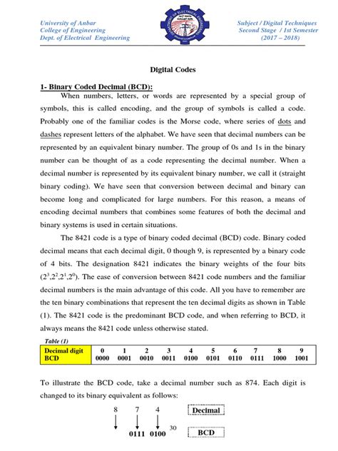digital codes 1 binary coded decimal bcd pdf binary coded decimal logic gate