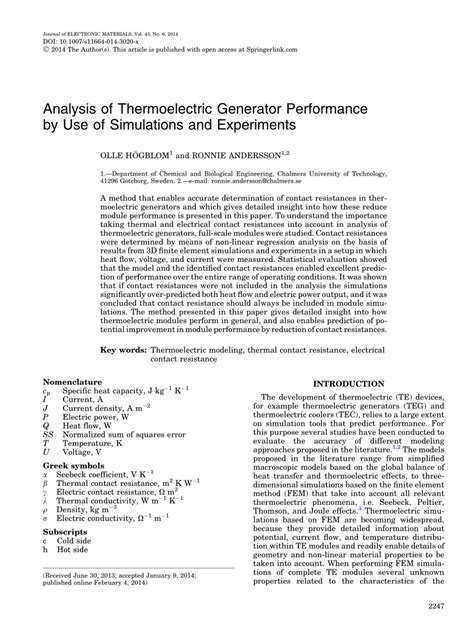 pdf analysis of thermoelectric generator performance by use of simulations and experiments