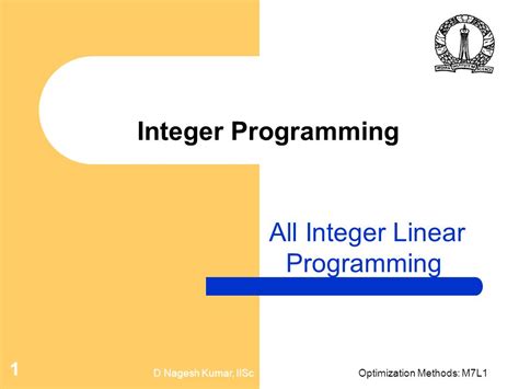 d nagesh kumar iiscoptimization methods m7l1 1 integer programming all integer linear