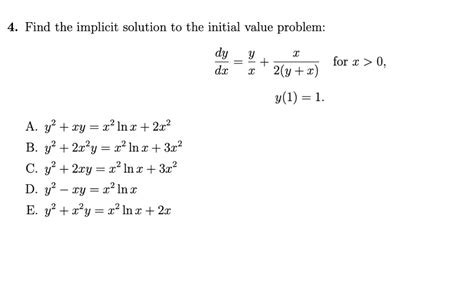 solved 4 find the implicit solution to the initial value