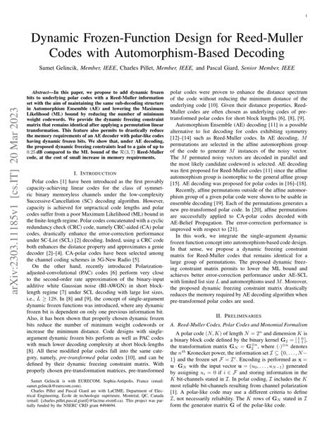 pdf dynamic frozen function design for reed muller codes with automorphism based decoding