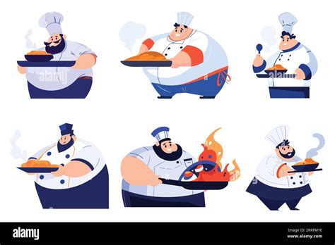 Hand Drawn Overweight Chef Cooking In The Kitchen In Flat Style