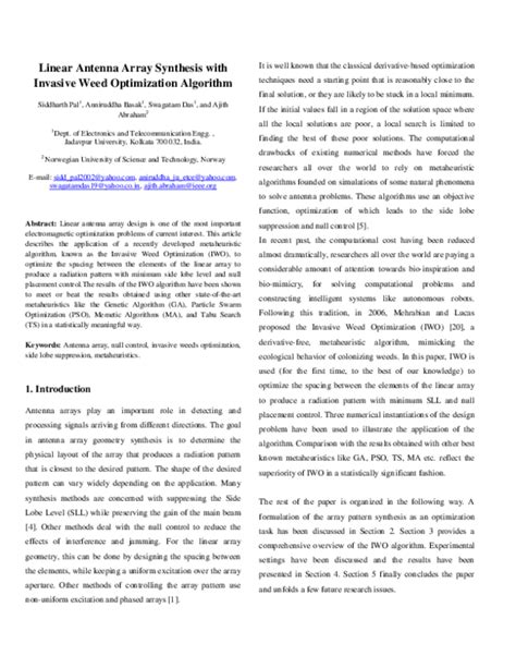 pdf linear antenna array synthesis with invasive weed optimization algorithm ajith abraham