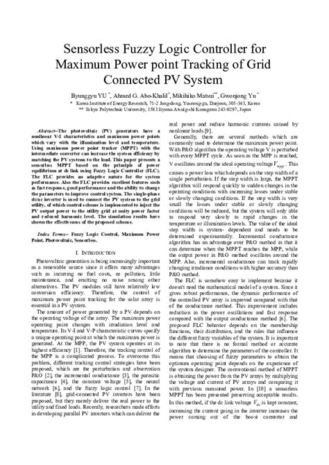 pdf sensorless fuzzy logic controller for maximum power point tracking of grid connected pv