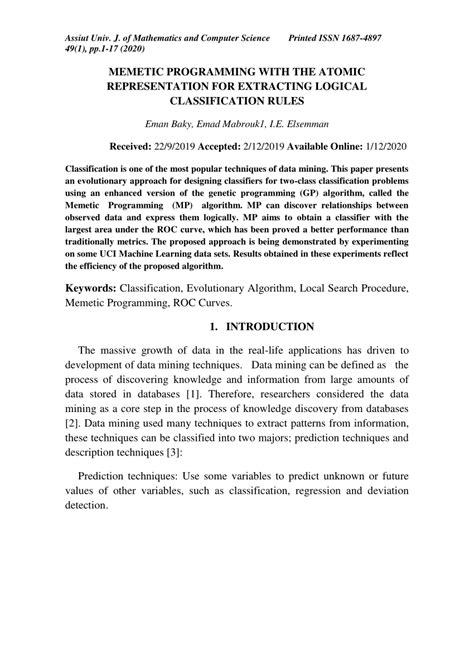 pdf memetic programming with the atomic representation for extracting logical classification rules