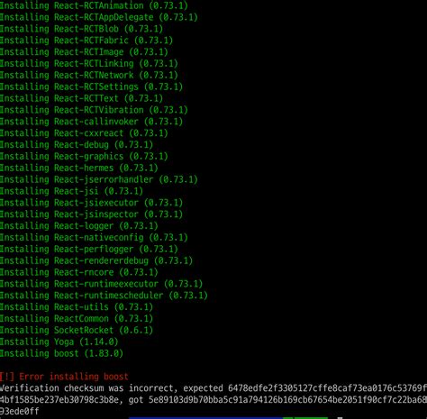 react native error installing boost verification checksum was incorrect expected stack