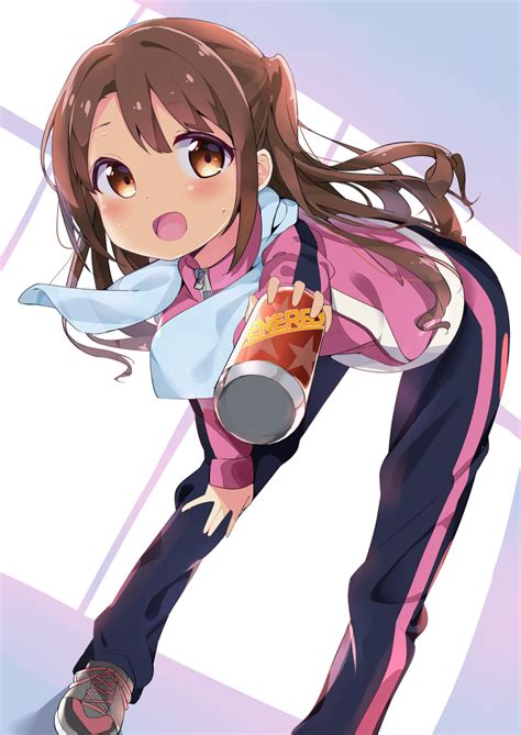 Safebooru 1girl D Bent Over Blue Pants Blush Brown Eyes Brown Hair Chikuwa Dutch Angle