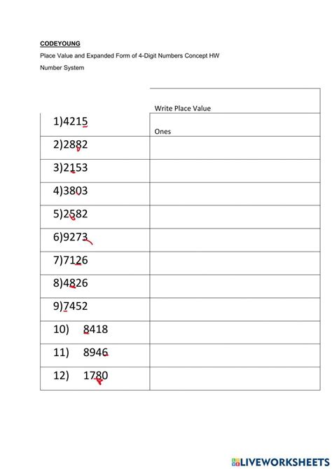 place value and expanded form of 4 digit numbers worksheet live worksheets