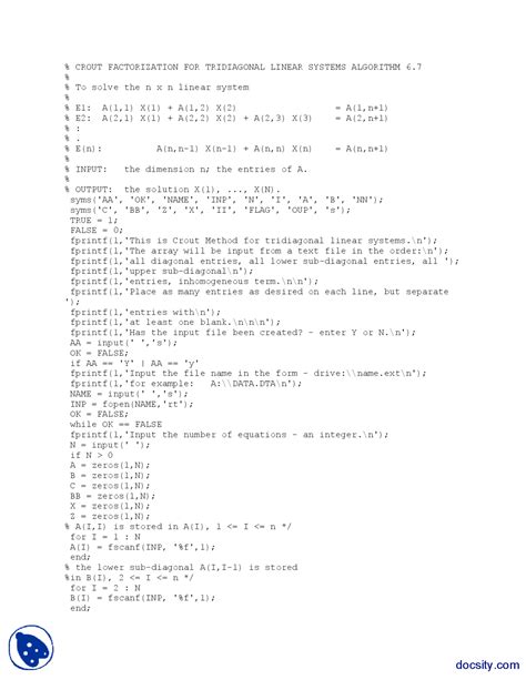 crout factorization numerical analysis matlab code docsity