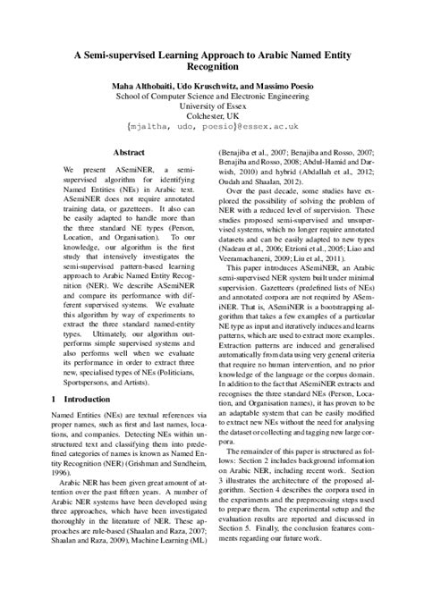 pdf a semi supervised learning approach to arabic named entity recognition massimo poesio