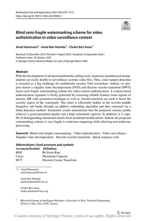 blind semi fragile watermarking scheme for video authentication in video surveillance context
