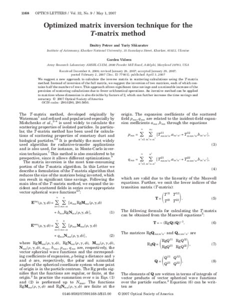 pdf optimized matrix inversion technique for the t matrix method gorden videen