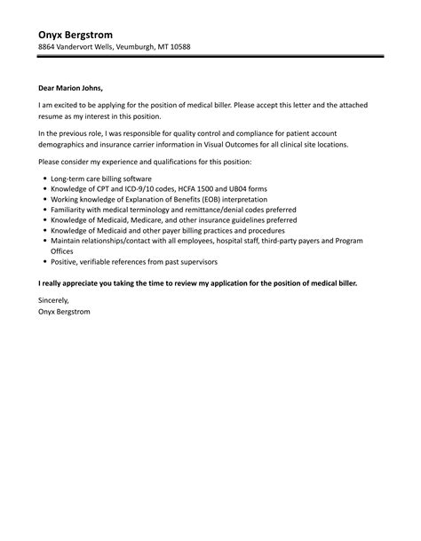 Medical Biller Cover Letter Sample Valentine Elzazn