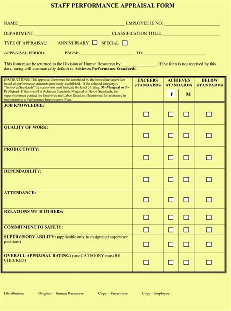 sample form for staff performance appraisal form