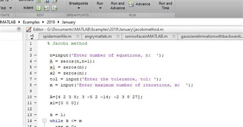 jacobi method to solve equation using matlab mfile matlab programming