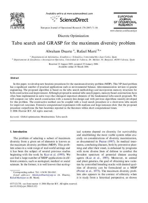 pdf tabu search and grasp for the maximum diversity problem rafael martí and abraham duarte