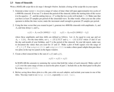 solved 2 3 sums of sinusoids write a matlab script file to
