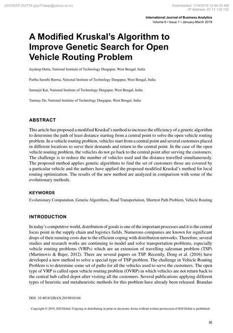 pdf a modified kruskal s algorithm to improve genetic search for open vehicle routing problem