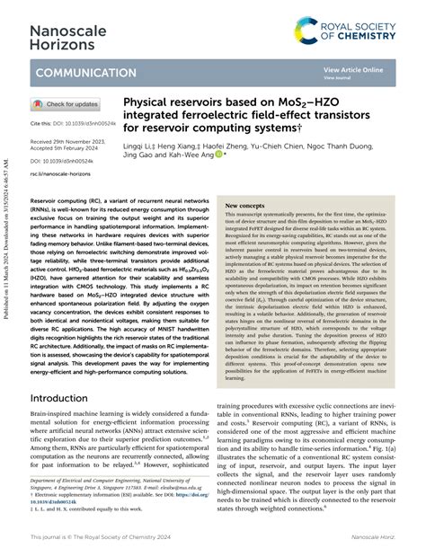 PDF Physical Reservoirs Based On MoS2 HZO Integrated Ferroelectric