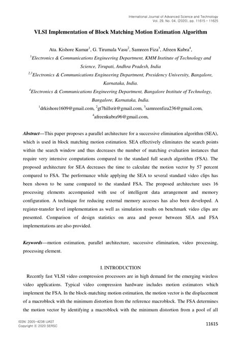 pdf vlsi implementation of block matching motion estimation algorithm