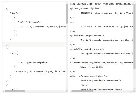 generate html elements from json j2h js css script