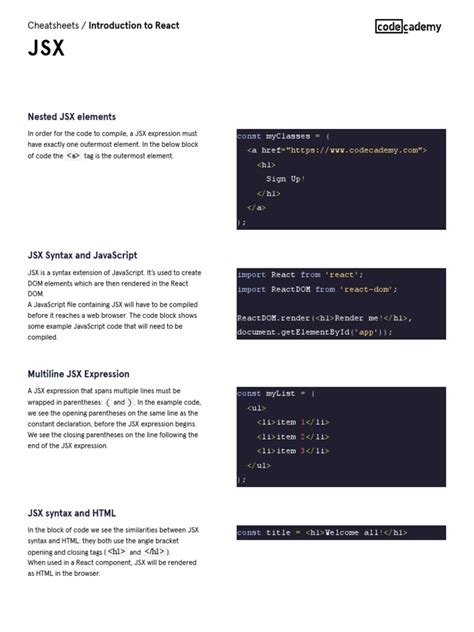 introduction to react jsx cheatsheet download free pdf java script document object model