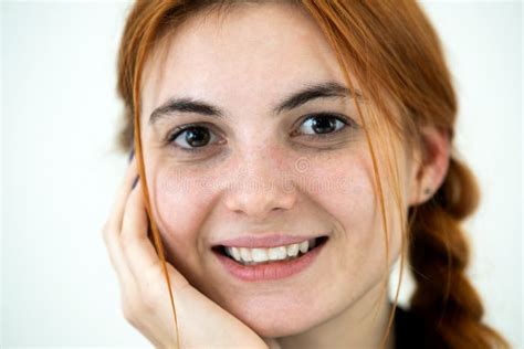 Pretty Teenage Girl With Red Hair Looking Amazed In Photo Camera In Summer Park Stock Image